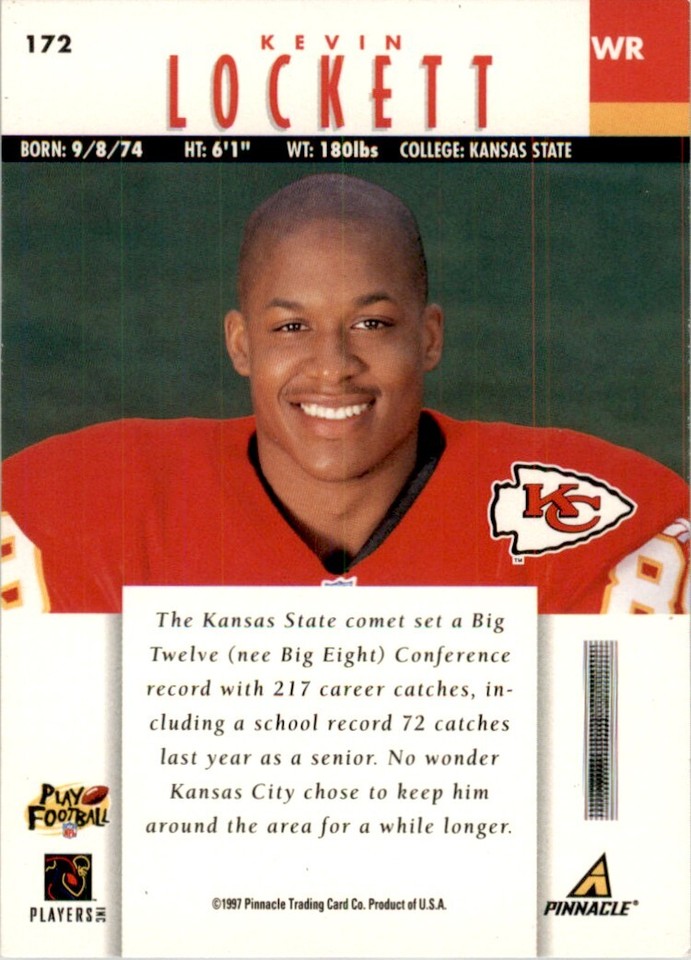 1997 Pinnacle Kevin Lockett Rookie Kansas City Chiefs #172 NFL Football ...