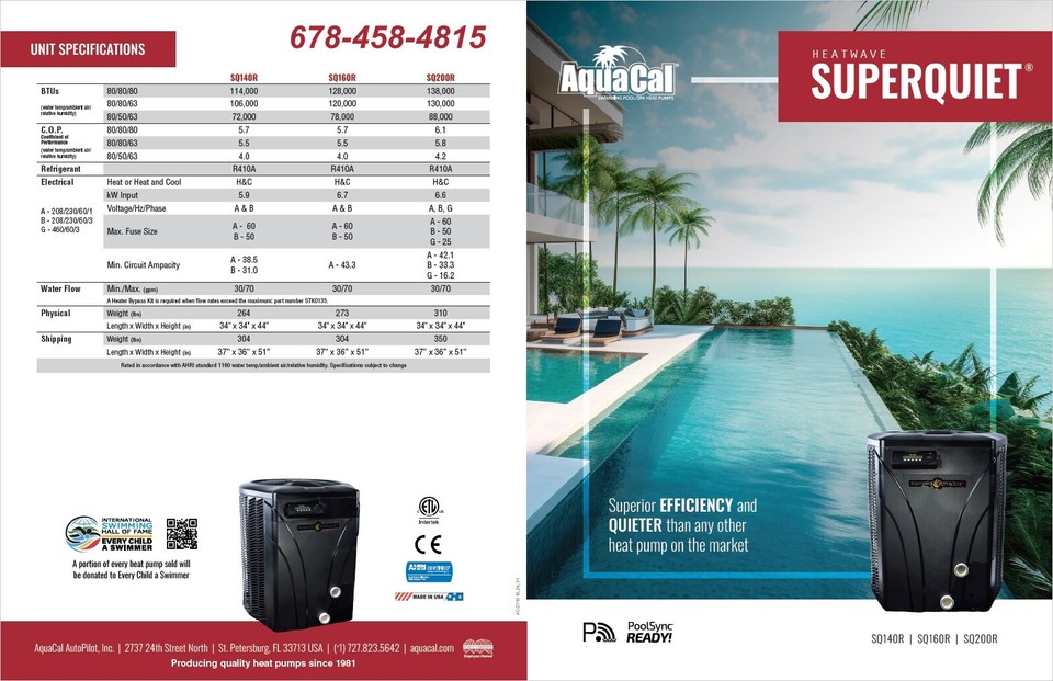 AquaCal SQ140R Heat Pump, New 2025 HeatWave SuperQuiet Heat & Cool, w ...