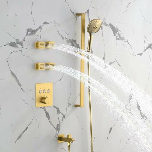 Thermostatic Brass Brushed Gold 20" Ceiling Rainfall Shower Set 4pcs ...