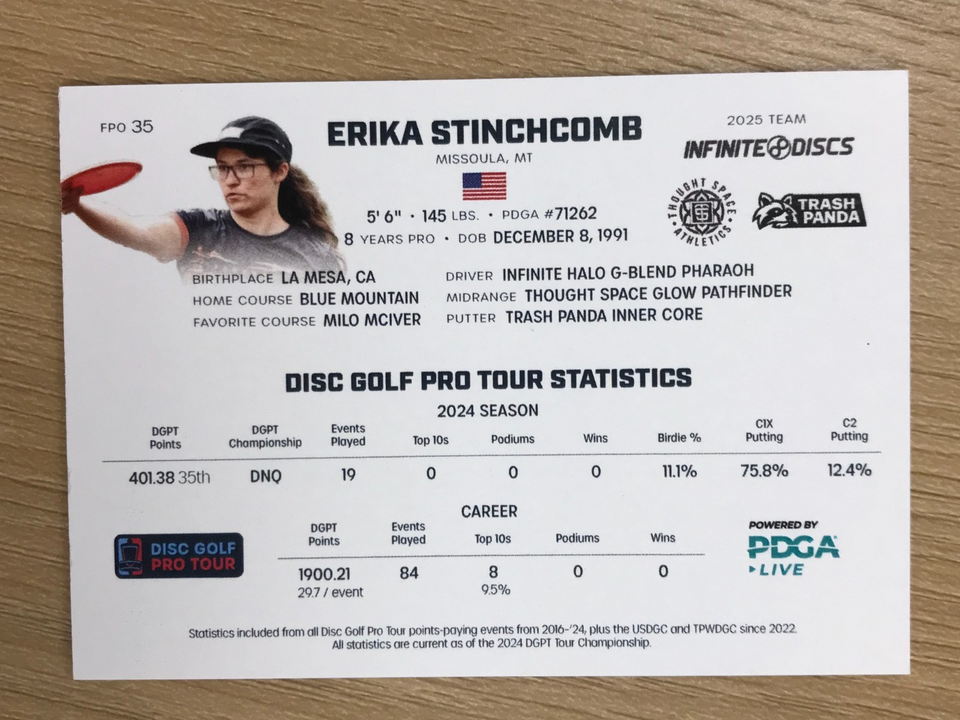 DGPT 2025 ERIKA STINCHCOMB White Parallel disc golf pro tour numbered ...