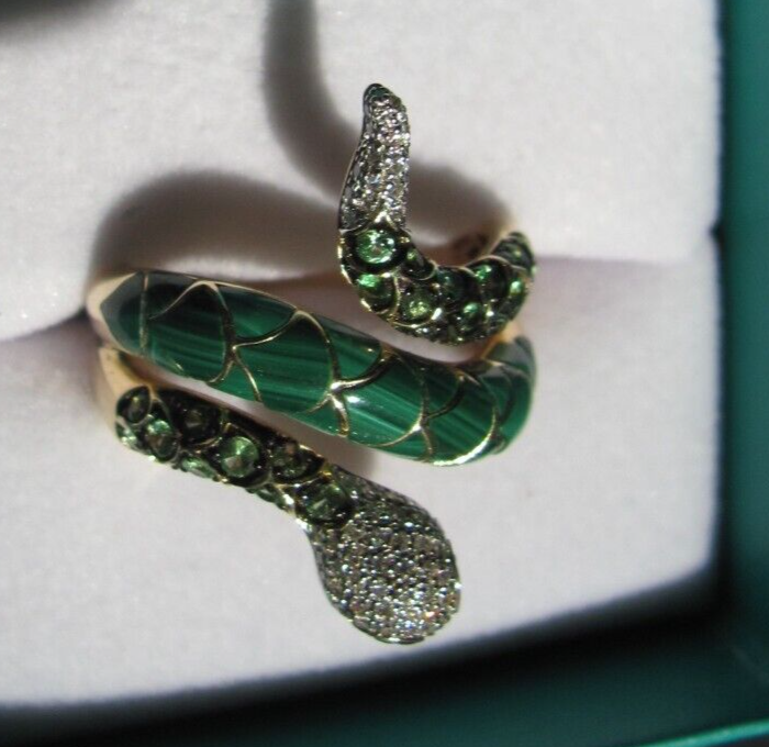 Effy 14K Yellow Gold SZ 7 Tsavorite & Malachite Diamond Safari Snake ...