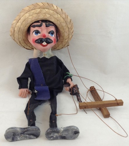 Vtg Mexican Folk Art String Puppet Marionette Bandito Gunslinger Man w ...