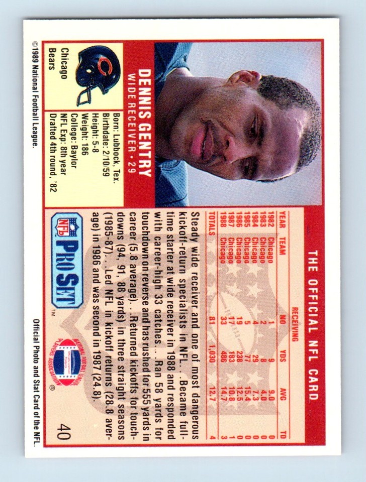 1989 Pro Set Dennis Gentry Chicago Bears #40 | eBay