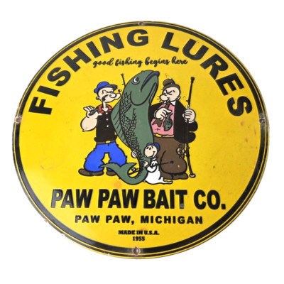 Vintage Fishing Lures Sign - Paw Paw Bait Co Popeye Gas Pump Porcelain ...