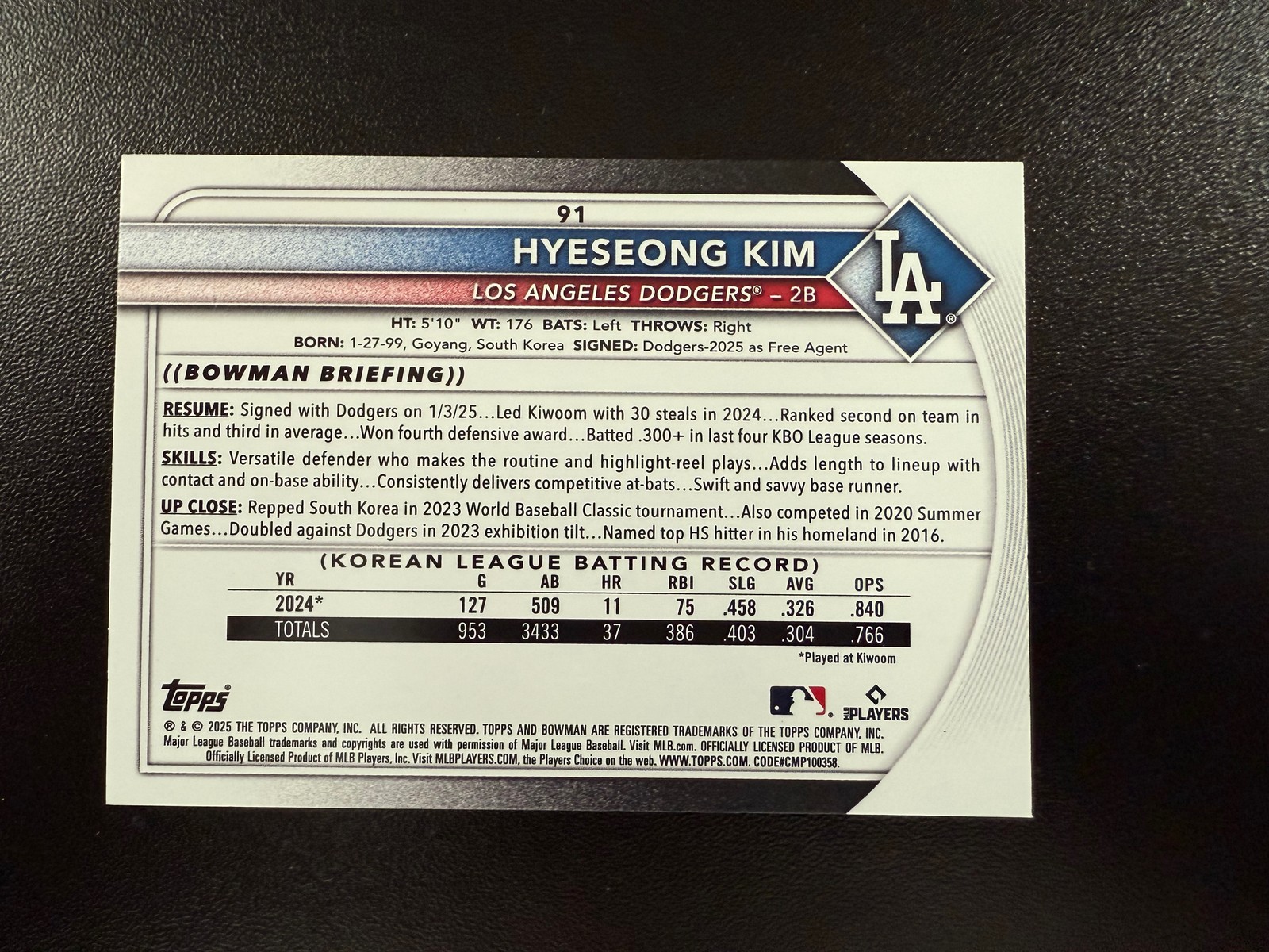 2025 Topps Bowman Hyeseong Kim Blue Bandana 87/125 RC LA Dodgers #91 | eBay