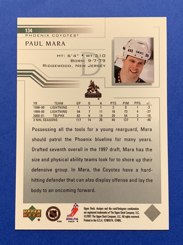 PAUL MARA Signed 2001-02 Upper Deck #134 Phoenix Coyote Lightning ...