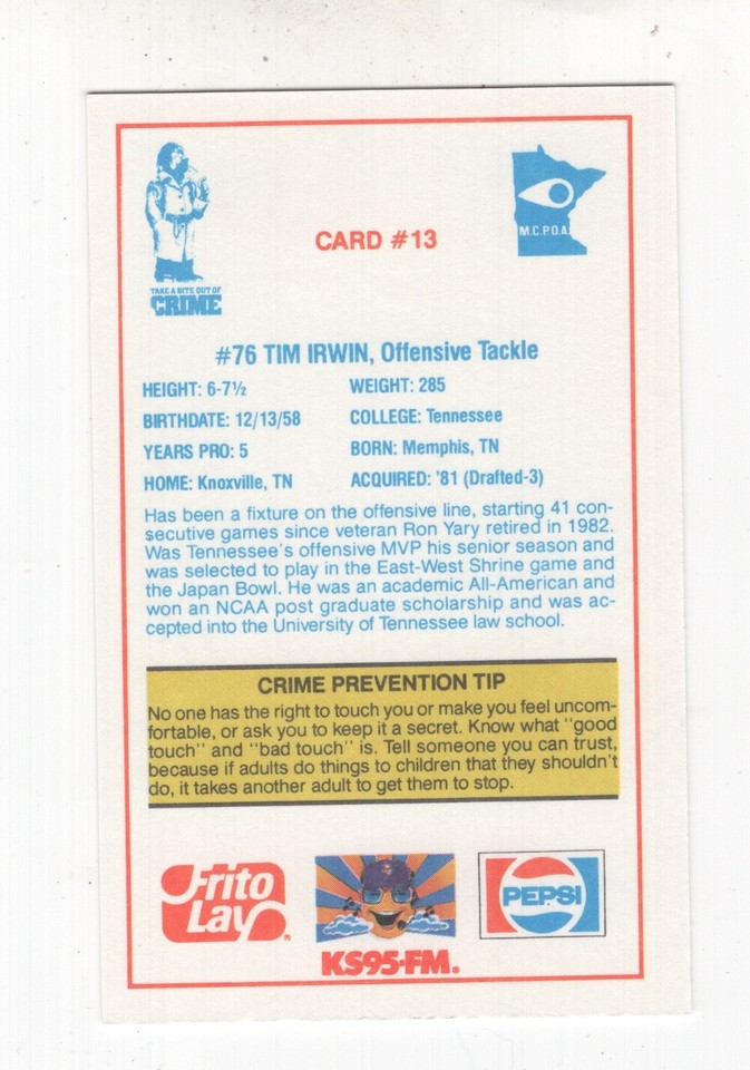 1985 POLICE MINNESOTA VIKINGS 25TH ANNIVERSARY TIM IRWIN #13 | eBay