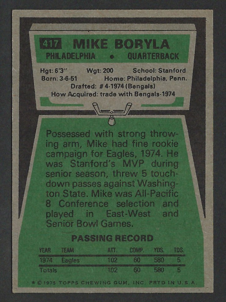1975 TOPPS #417 MIKE BORYLA Philadelphia Eagles ROOKIE - Crease Free | eBay