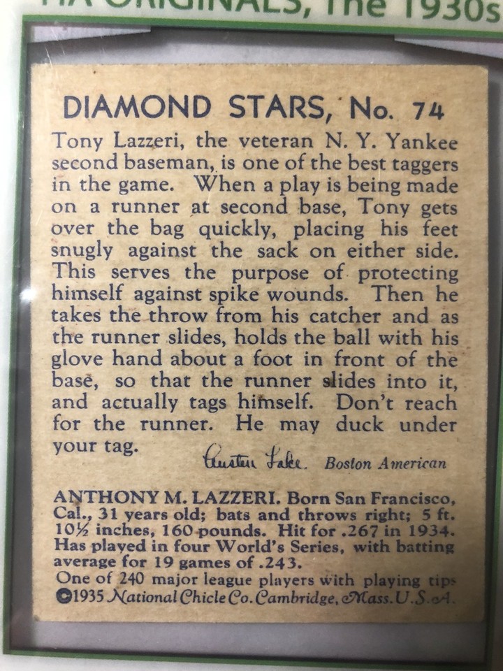 TONY LAZZERI HISTORIC AUTOGRAPHS HA ORIGINALS 1930s DIAMOND STARS AUTO ...