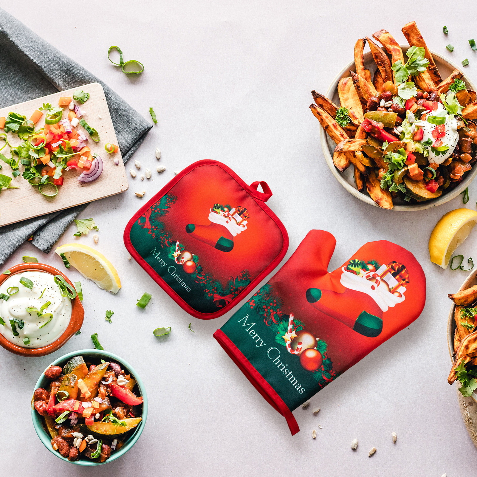 Colorful Hangable Oven Mitt Christmas Pattern Baking Glove Set Cartoon ...