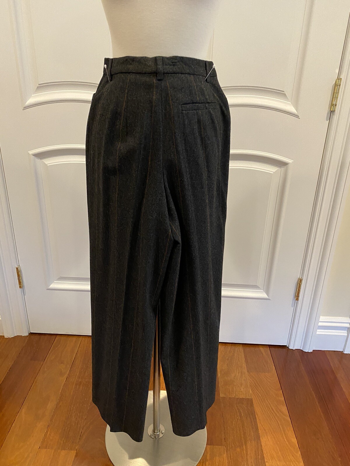 Gunex Charcoal Grey And Brown Wool Striped Wide Leg Dress Pants ...