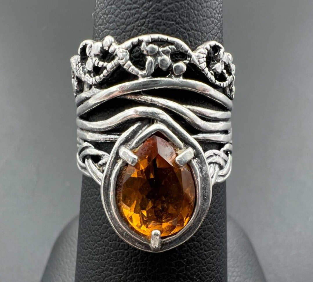OR PAZ CREATIONS OXIDIZED STERLING SILVER 925 PEAR CUT CITRINE RING ...