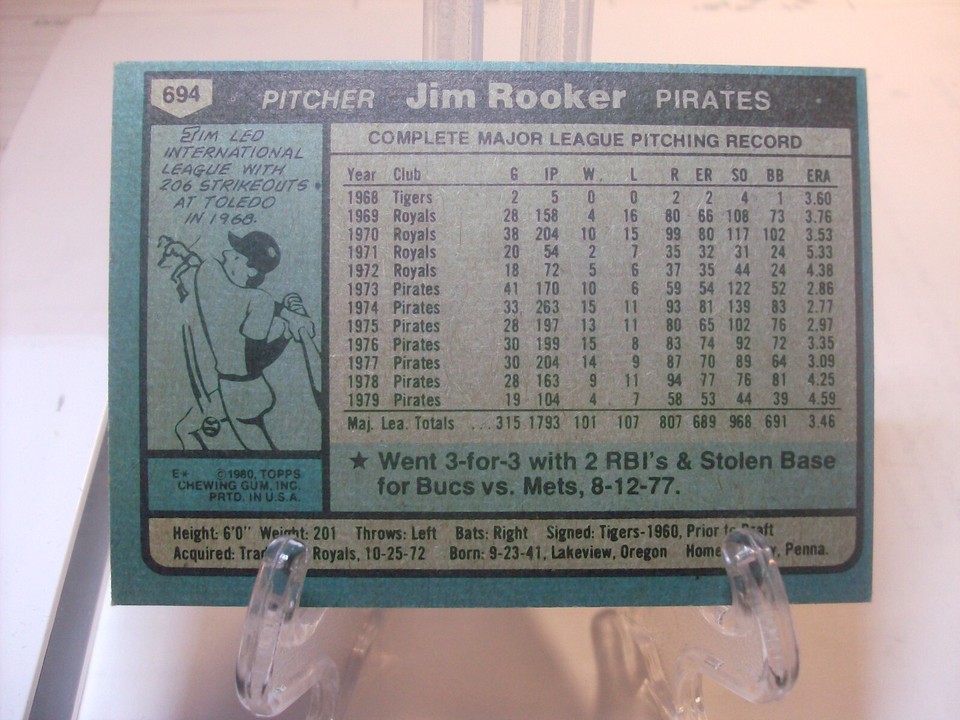 1980 Topps Baseball Card #694 - Jim Rooker - Pittsburgh Pirates (95791 ...