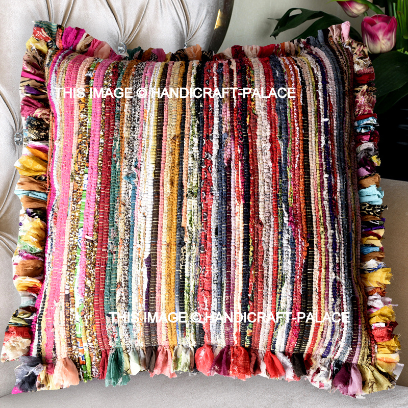 24" Large Multi Chindi Rag Rug Decorative Sofa Cushion Pillow Throw ...