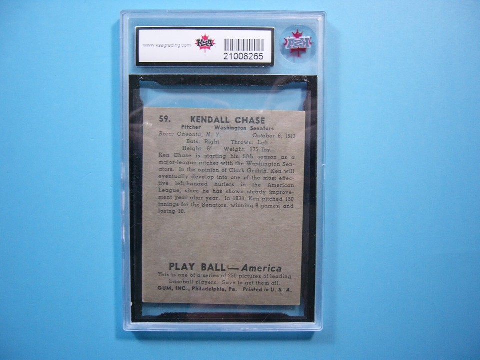 1939 PLAY BALL GUM INC. BASEBALL CARD #59 KEN CHASE ROOKIE RC KSA 6 EX ...