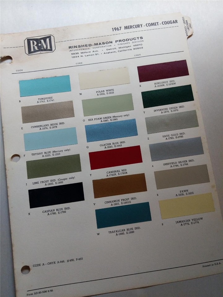 RM RINSHED MASON 1967 MERCURY AUTOMOTIVE PAINT FINISH COLOR CHIP CHART ...