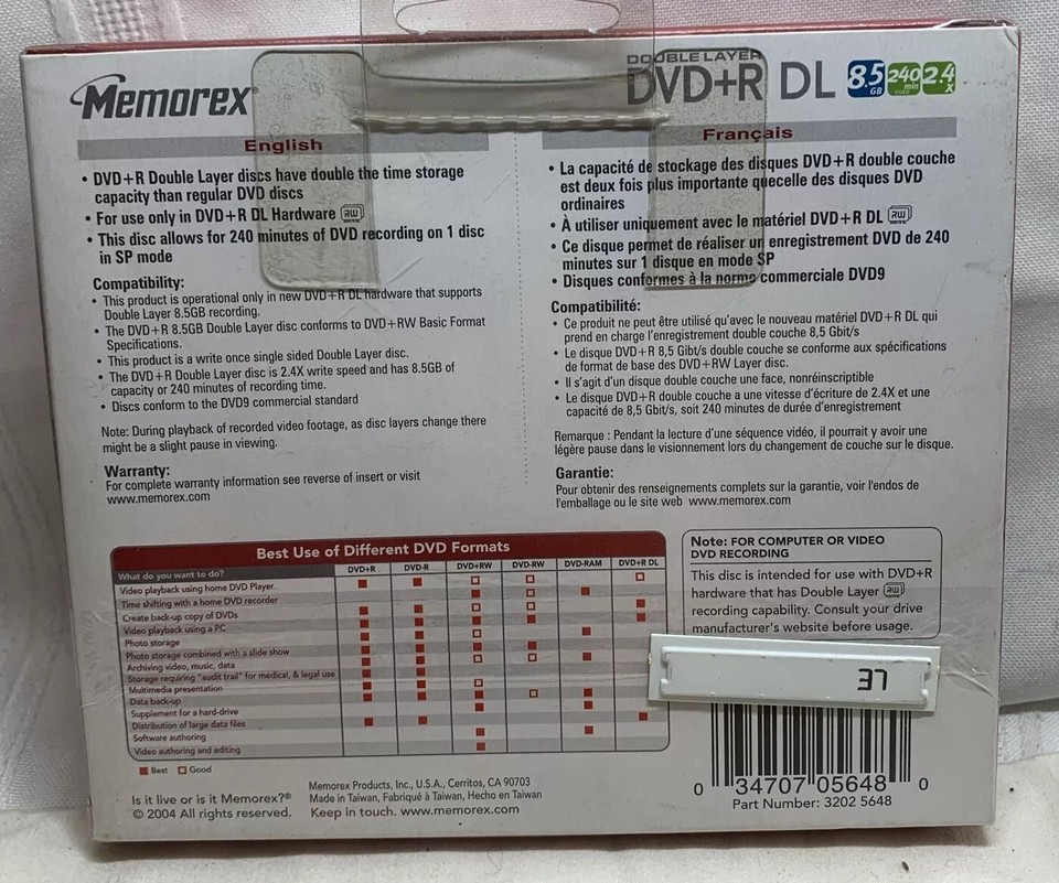 Memorex DVD+R DL 8.5 GB Double Layer Blank DVD 3 Pack New Factory ...
