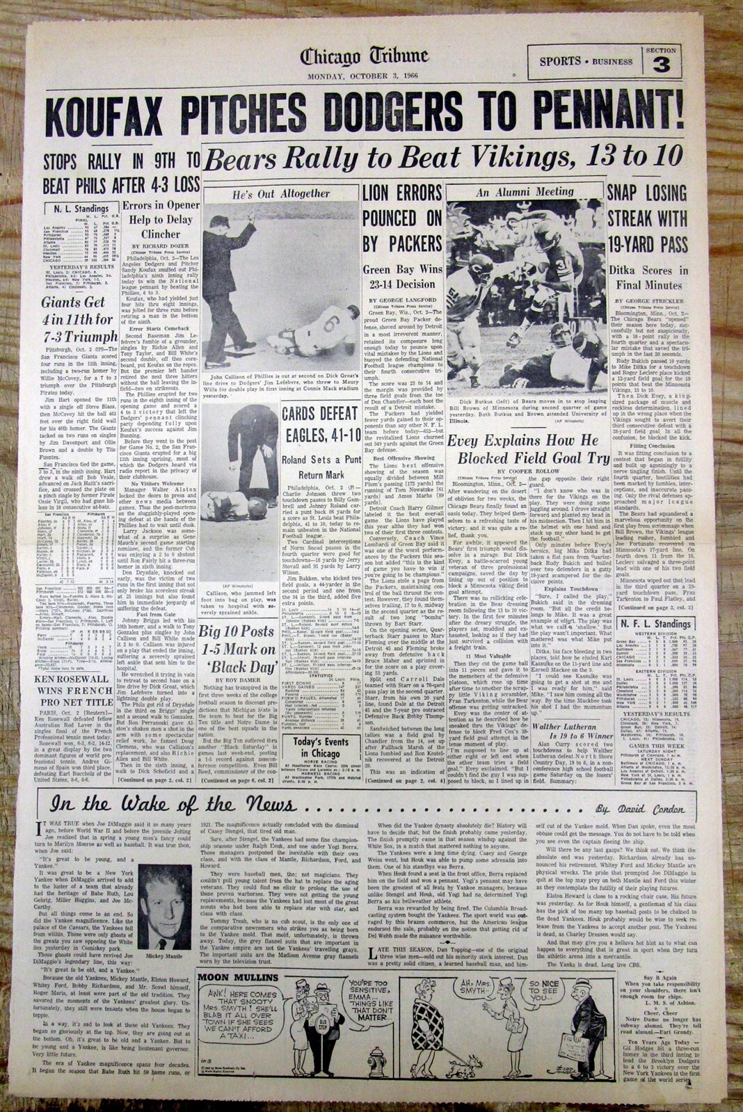 1966 headline newspaper SANDY KOUFAX pitches LA DODGERS into the WORLD ...