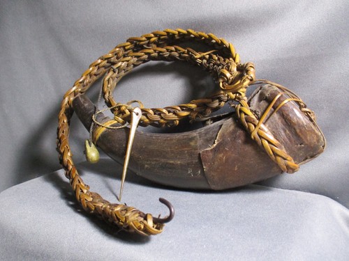 Antique powder horn, Braided sinew strap, Bone pick in. | eBay