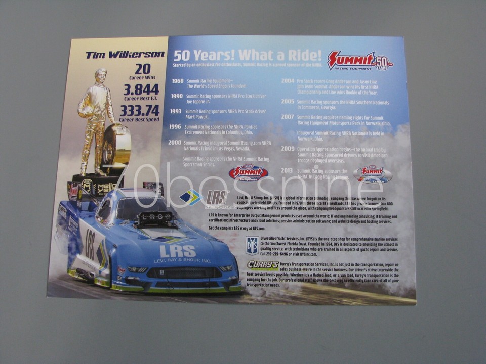 TIM WILKERSON 2018 LEVI RAY SHOUP FUNNY CAR 8.5x11 NHRA DRAG RACING ...