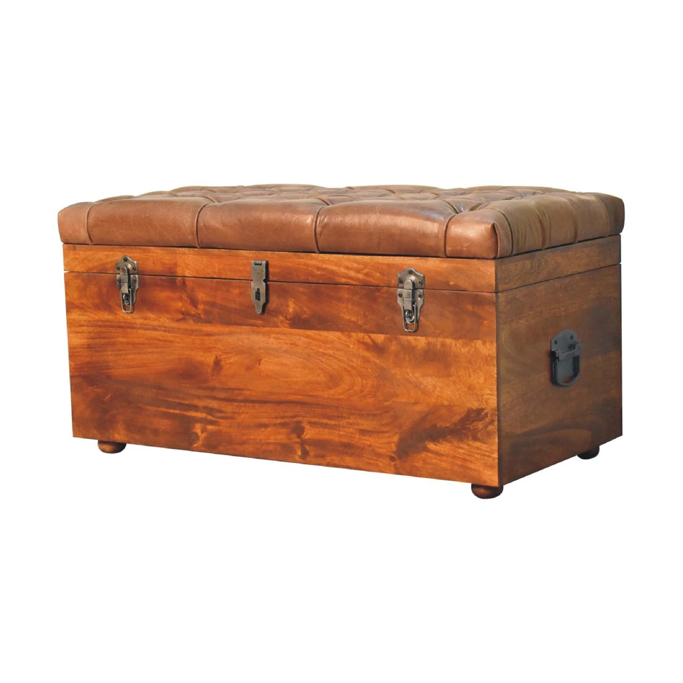 Solid Wood Buffalo Hide Chestnut Storage Trunk Leather Brown Chest Seat ...