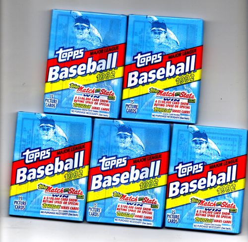 (5) 1992 TOPPS Baseball Wax Packs - 15 picture cards per pack lot of 5 ...