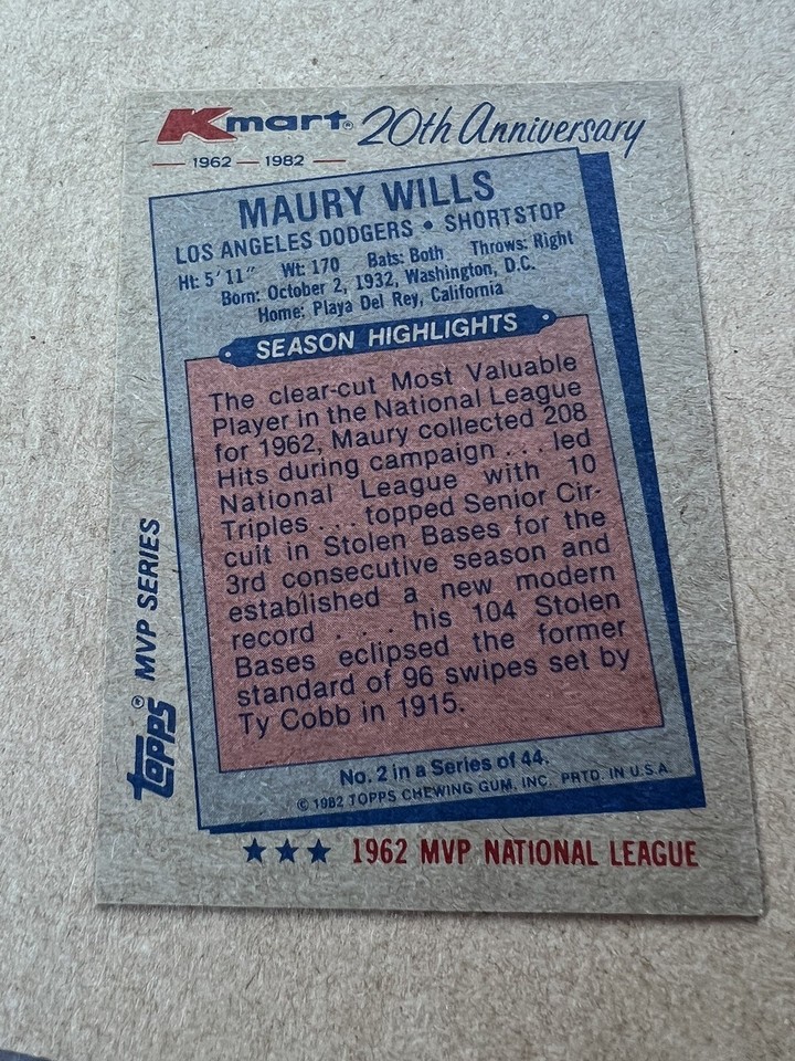 1982 Topps Kmart 20th Anniversary #2 Maury Wills Los Angeles Dodgers ...