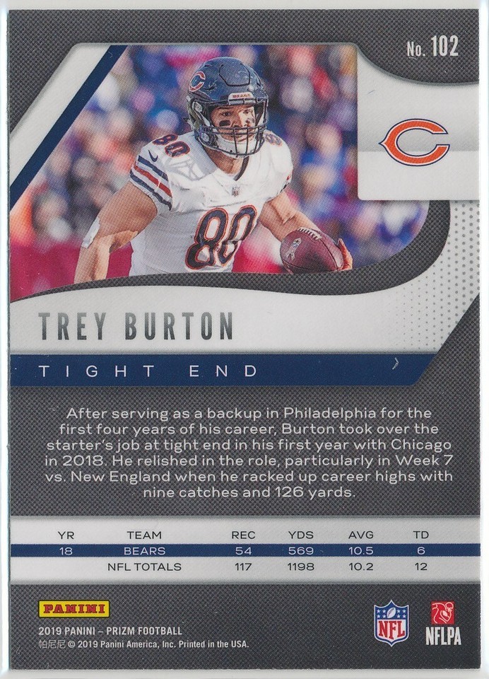 Trey Burton - Chicago Bears - 2019 Panini Prizm Football - Base - #102 ...