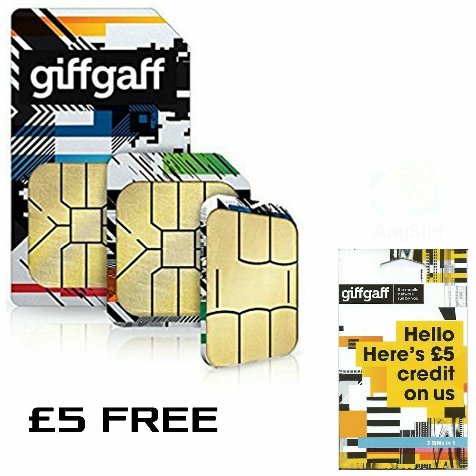 Giffgaff 3in1 SIM Card Nano/Micro/Std - FREE £5 Credit (see desc) PAYG ...