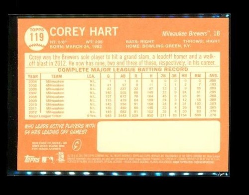 2013 TOPPS HERITAGE Baseball Trading Card #119 COREY HART Milwaukee ...