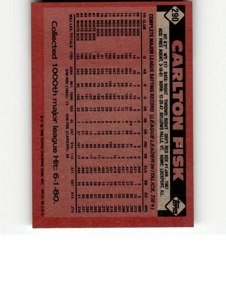 CARLTON FISK CARD #290 BFU13R4S5P28 FREE SHIPPING | eBay