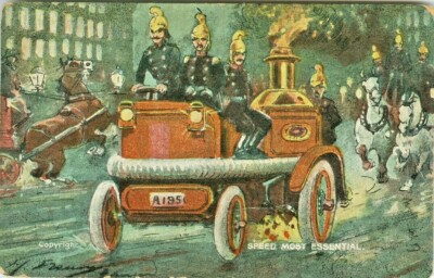 Early 1912 Fire Truck A195 to the rescue, "Speed Most Essential" Artist ...