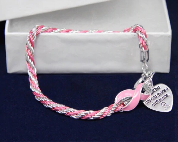 Sterling Silver Plated Breast Cancer Rope Style Pink Ribbon Bracelet | eBay