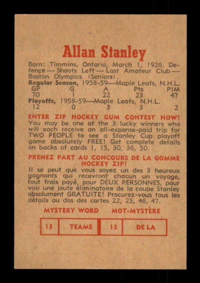 1959-60 Parkhurst #44 Allan Stanley EX/EX+ Maple Leafs 549819 | eBay