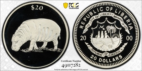 2000 LIBERIA $20 DWARF HIPPOPOTAMUS PROOF SILVER COIN - PCGS PR69DCAM ...