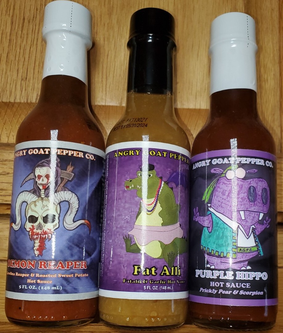 ANGRY GOAT 🐐 HOT SAUCE 3 BOTTLES PURPLE HIPPO DEMON REAPER FAT ALLI ...