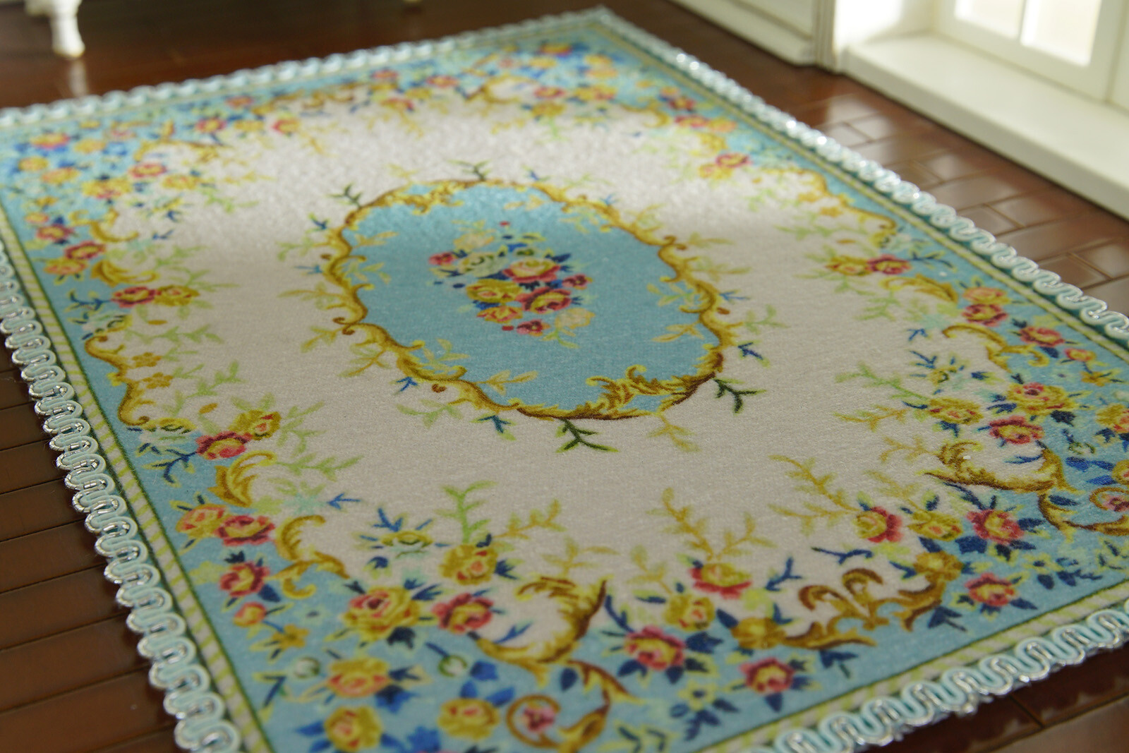 Miniature 1/12 Scale Beautiful Nice Floral Roses Bouquet Rug Light Blue ...