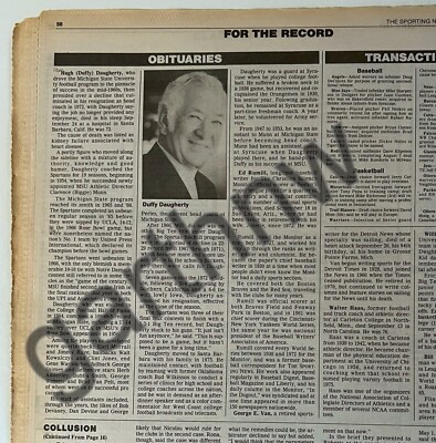 DUFFY DAUGHERTY 1987 MICHIGAN STATE SPARTANS FOOTBALL COACH DEATH ...