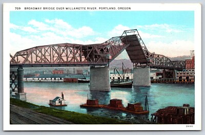 Portland Oregon~Broadway Bridge Over Willamette River & Docks~Vintage ...