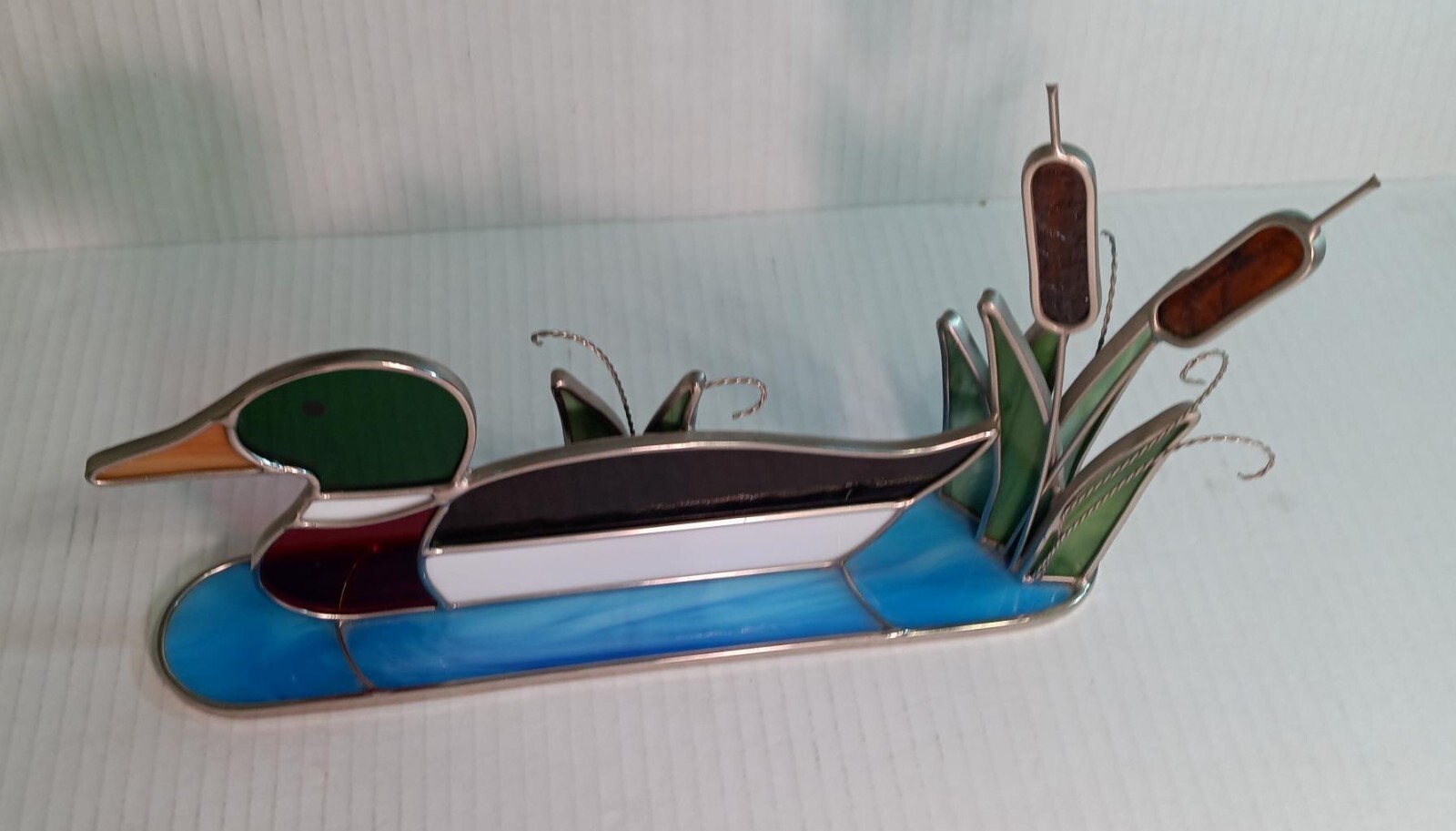 Large Stained Glass Leaded Free Standing Mallard Duck in Cattail 14" x ...