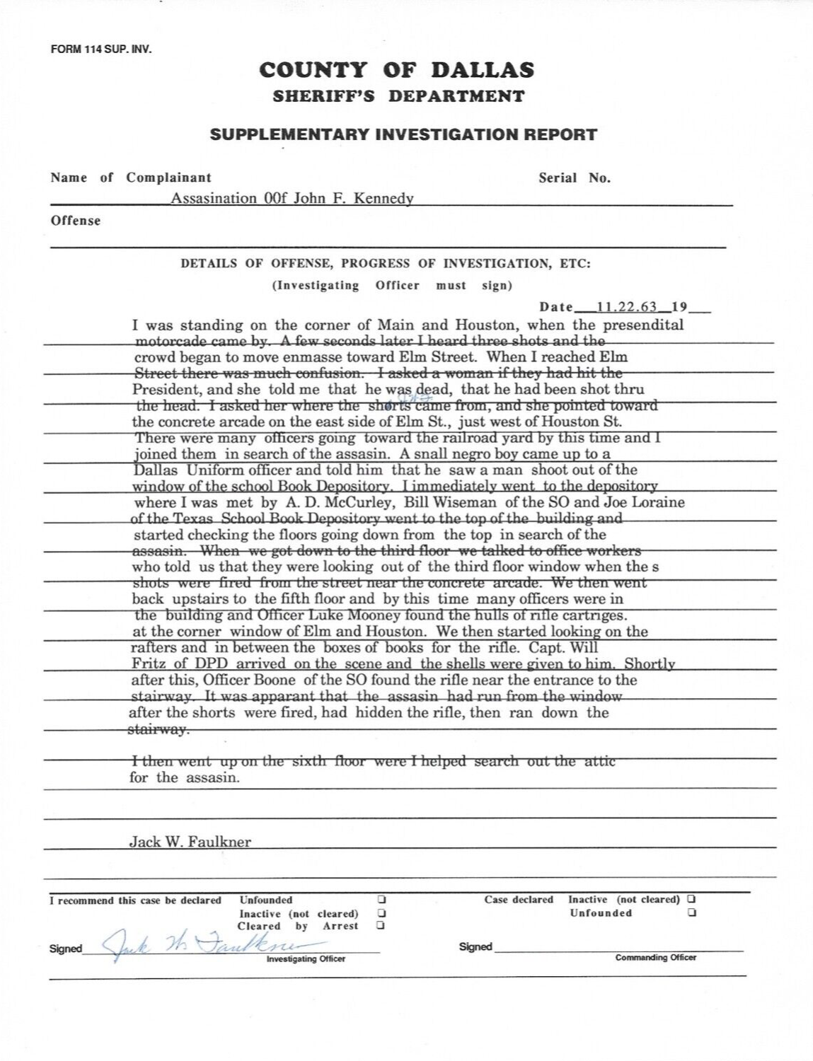 Eyewitness Jack W. Faulkner: Souvenir typed transcript - JFK ...
