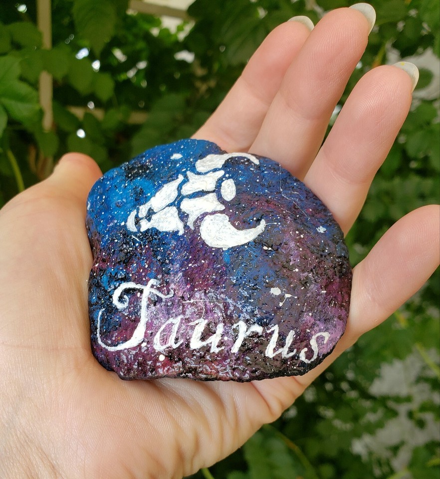 Hand Painted Rock Taurus Zodiac Sign Galaxy Stone | eBay