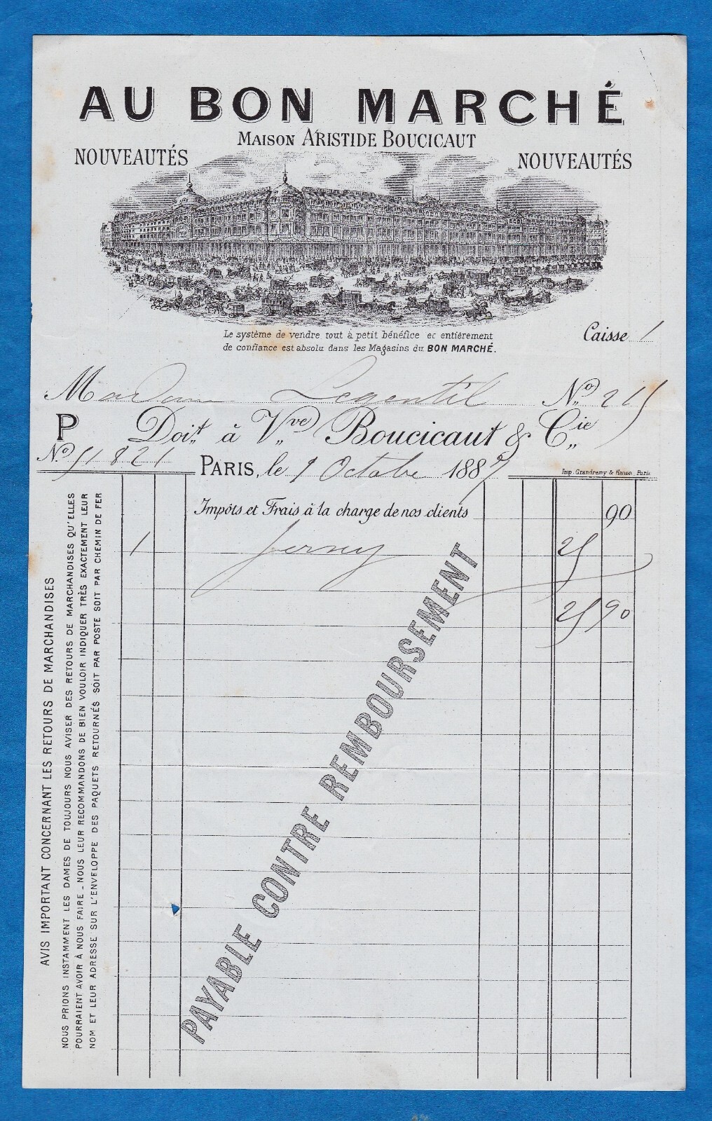 facture Grand Magasin Au Bon Marché General Store invoice Paris France ...