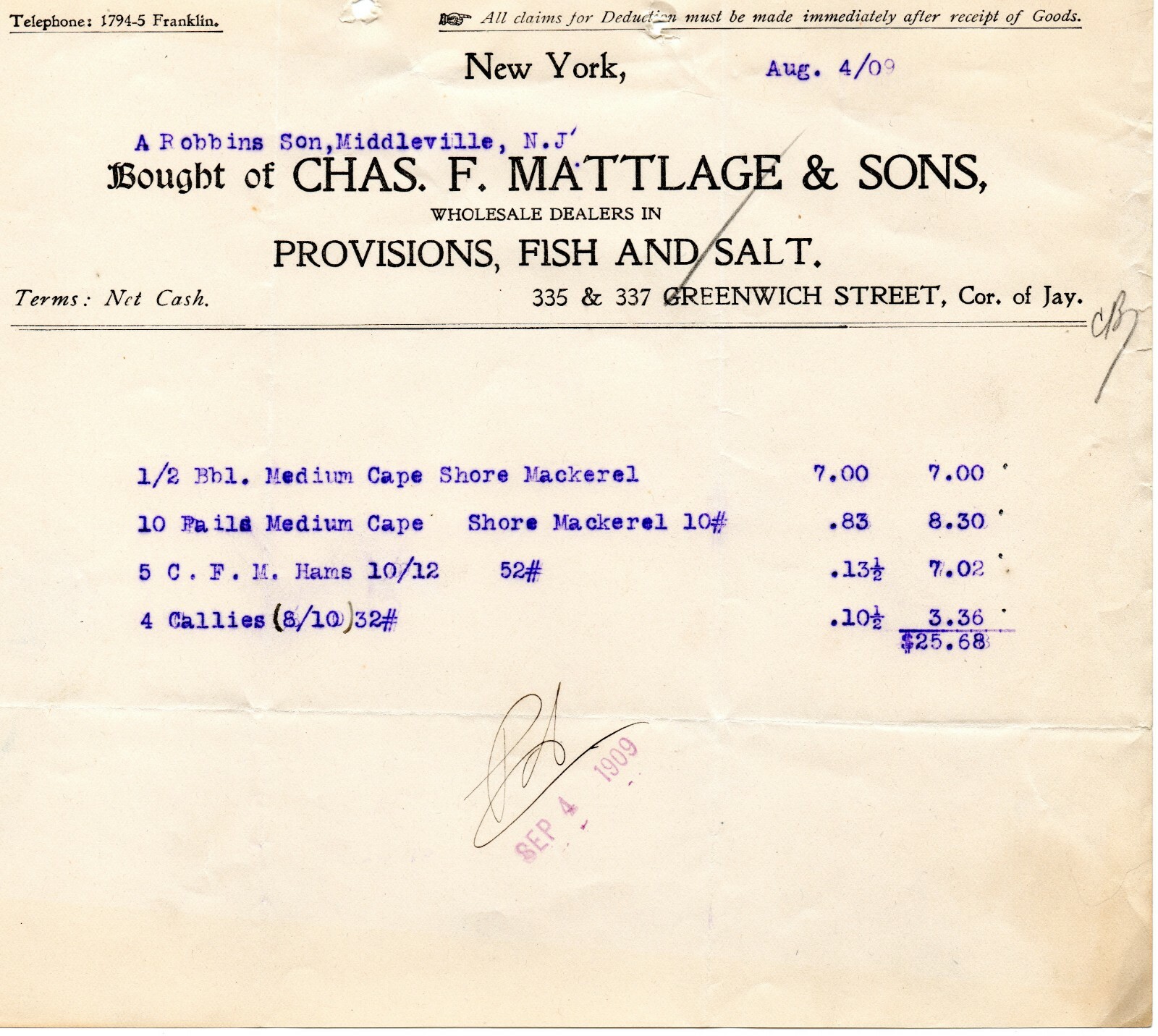 Aug 4, 1909 Chas. F. Mattlage & Sons Provisions Fish original paper ...