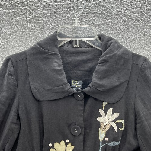 CoVelo Clothing Jacket Womens 4 Black Linen Floral Applique Art to Wear ...