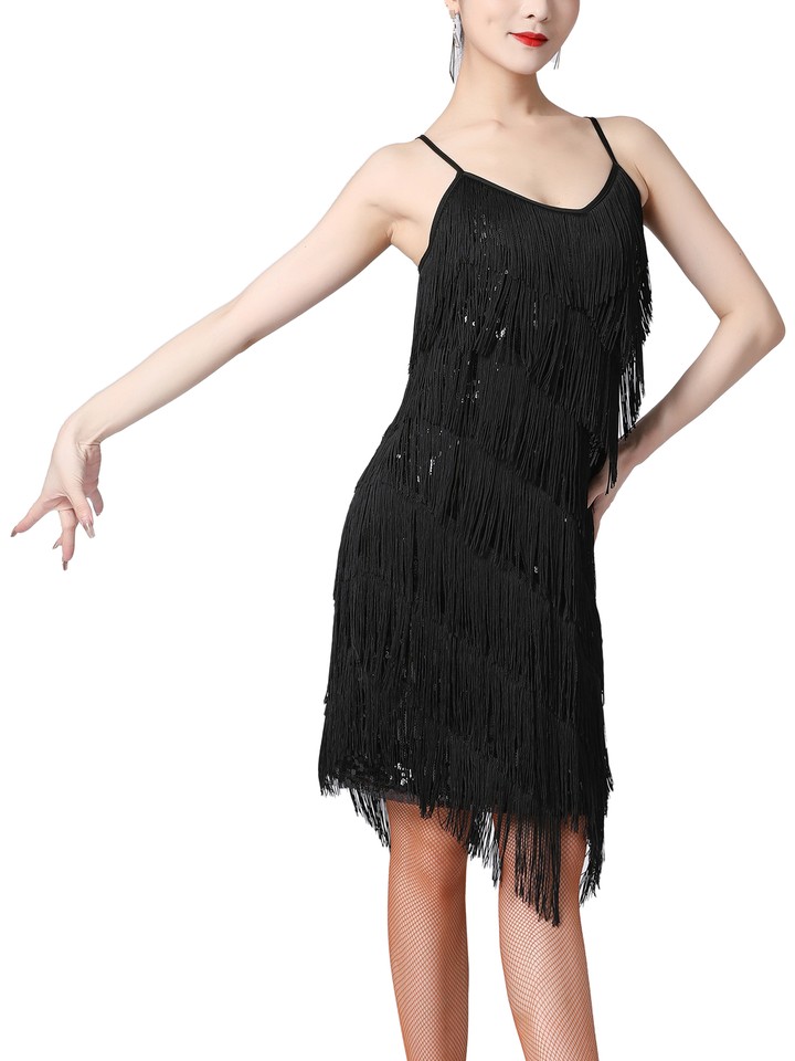 Women Sequins Fringe Tassel Flapper Dress Samba Chacha Tango Latin ...