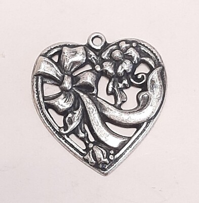 EMBOSSED STAMPED SILVER PLATED BRASS HEART W/ BOW & FLOWERS PENDANT ...