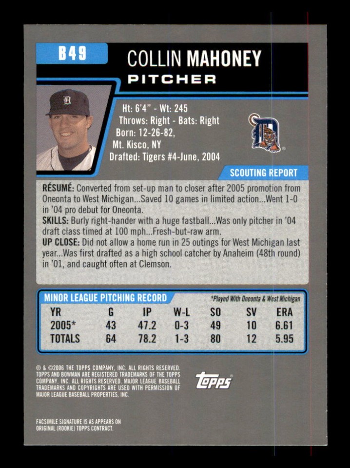 2006 Baseball Bowman Collin Mahoney Detroit Tigers #B49 Gold 2 | eBay