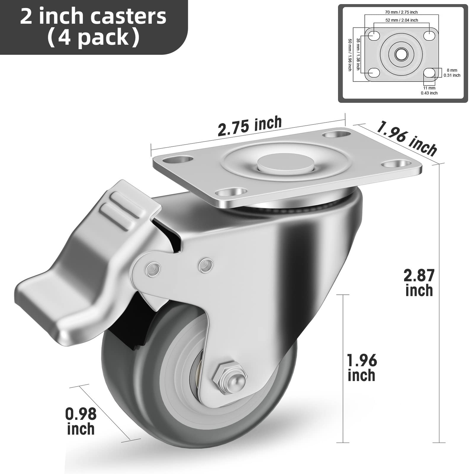 2 inch Caster Wheels Set of 4 Heavy Duty - CLOATFET Locking Casters ...
