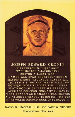 Postcard Joseph Edward Cronin, HOF Baseball Plaque '56, Cooperstown NY ...